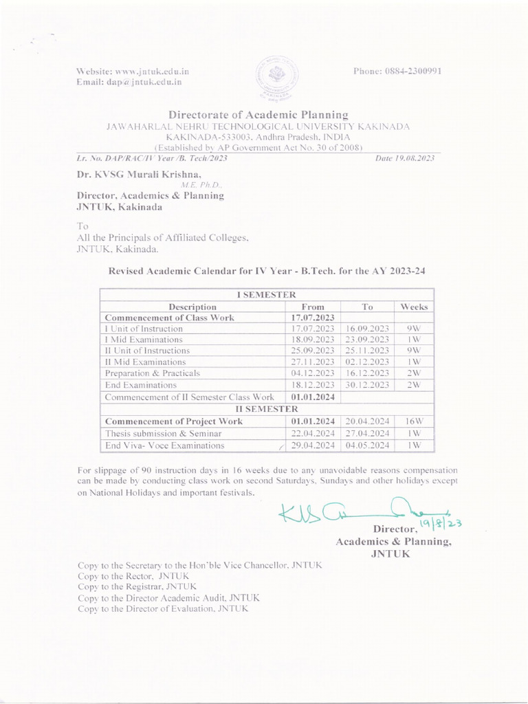 JNTUK B.Tech 4 1 4 2 Sem Academic Calendar For A.Y 2023 24 Revised | PDF