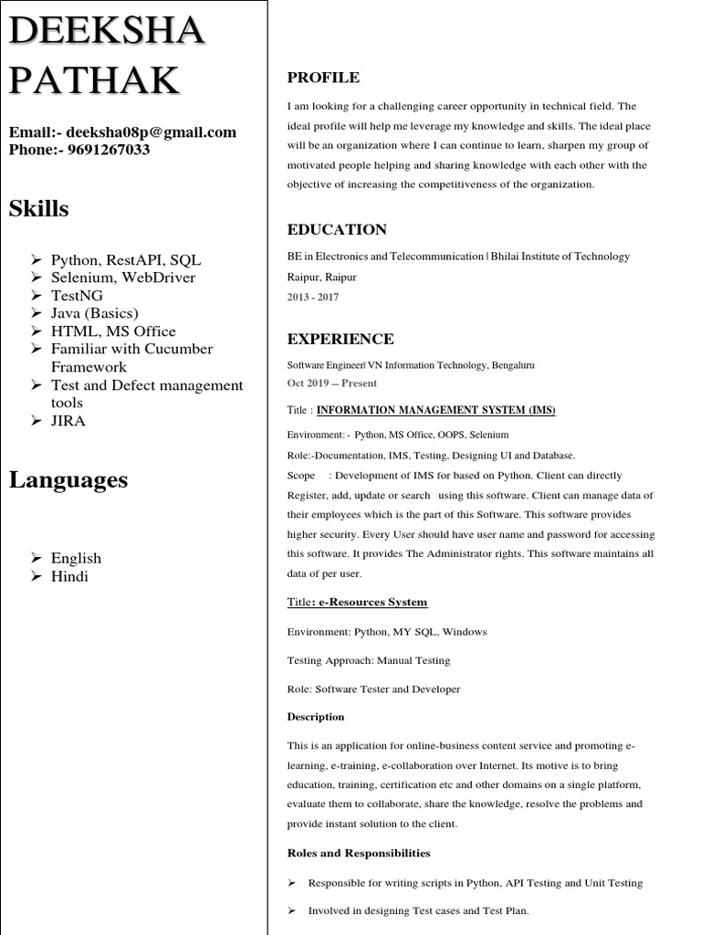 Deeksha Cv Pdf Selenium Software Software Development