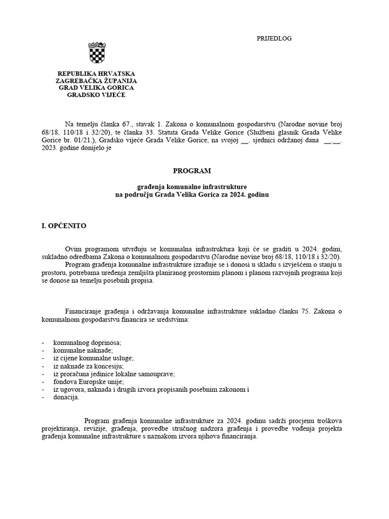 Programa GRADNJE Komunalne Infrastrukture - 2024 - Ispravak | PDF