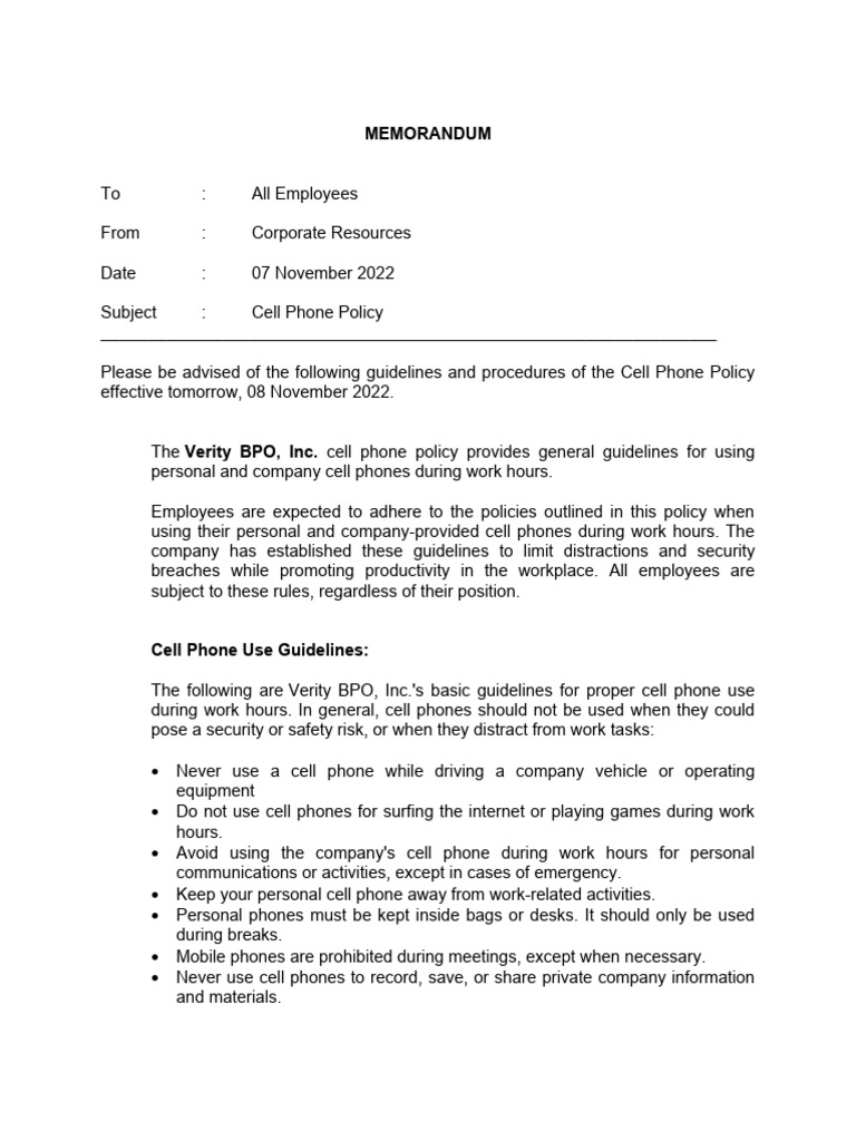 Memo - Mobile Phone Policy | PDF
