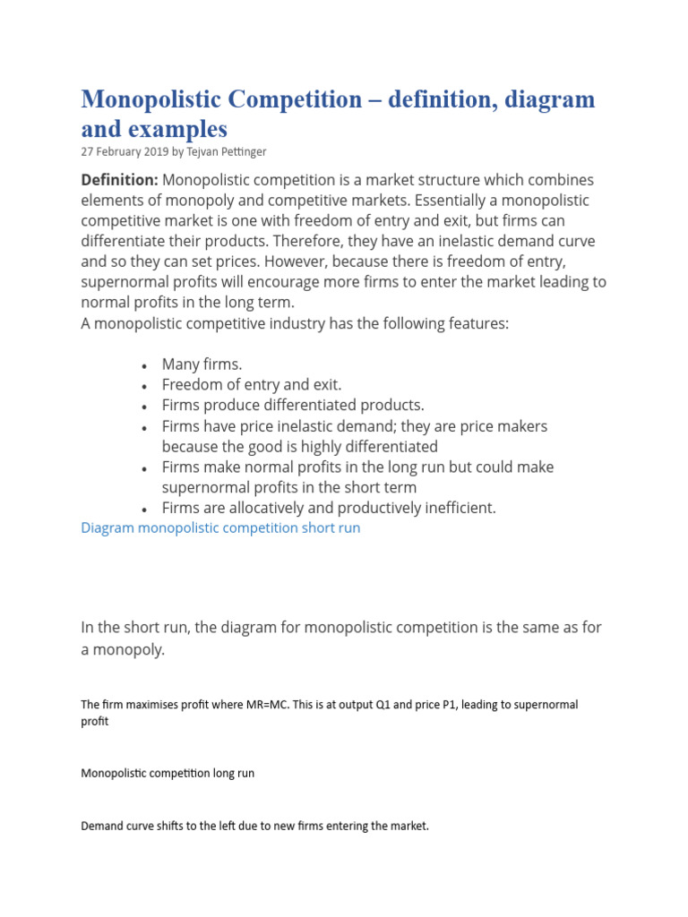 Monopolistic Competition - Definition, Diagram and Examples | PDF