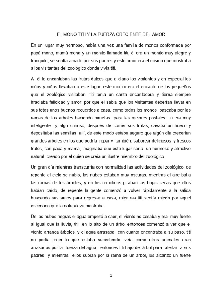 Cuento El Mono Titi y La Fuerza Creciente Del Amor. | PDF