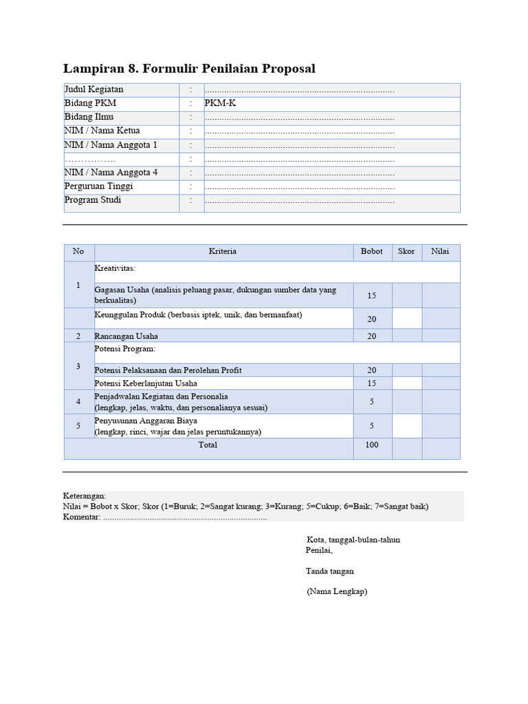 Lampiran 8. Formulir Penilaian Proposal | PDF