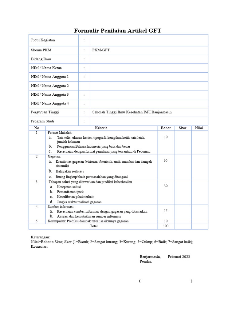 Form Penilaian Pkm-gft | PDF