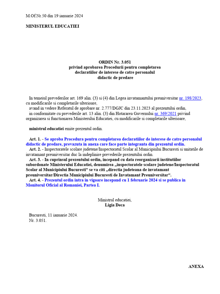 OME 3051 - 2024 PO Completare Declaratii de Interese Cadre Didactice | PDF