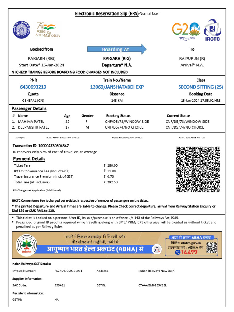12069/janshatabdi Exp Second Sitting (2S) | PDF