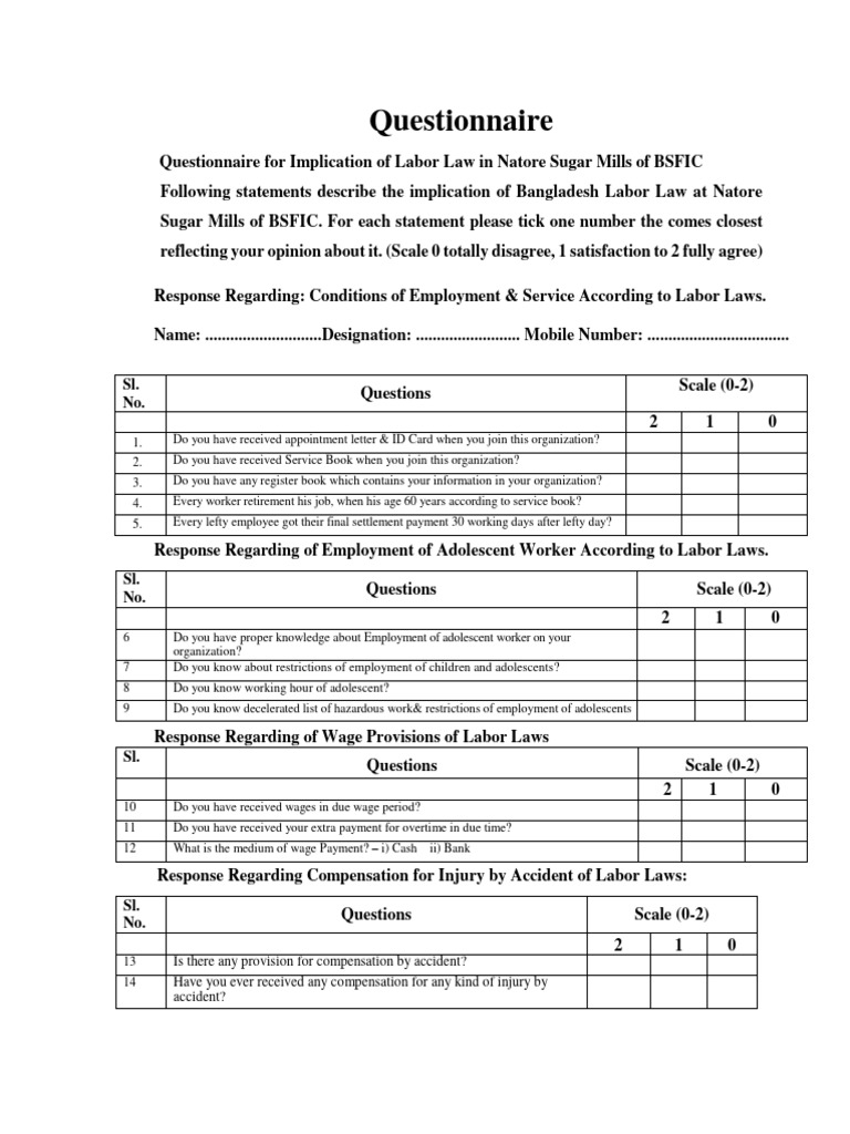 Questionnaire of Implication of Labor Laws in Natore Sugar Mills PDF ...