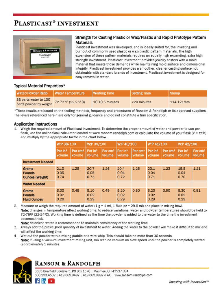 Plasticast Investment Product Sheet | PDF