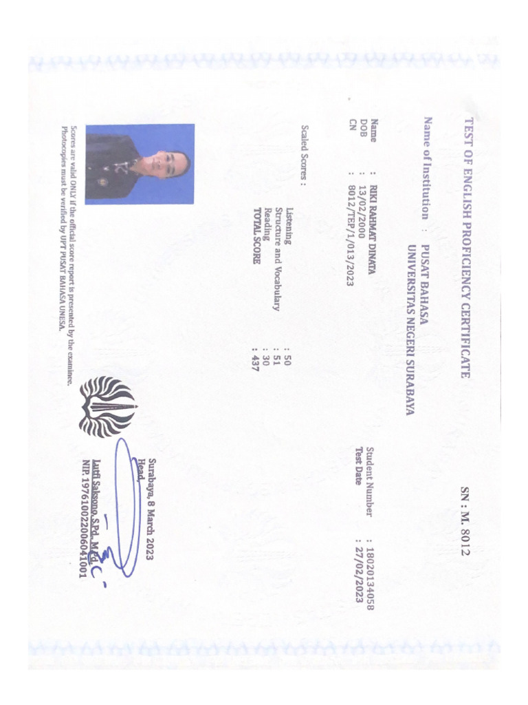 Test of English Proficiency Certificate | PDF