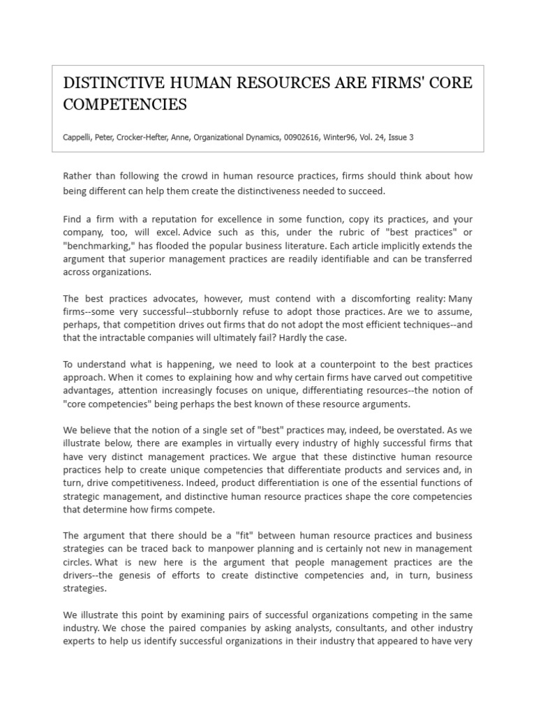 Distinctive HR Are Firms Core Competencies 1 | PDF