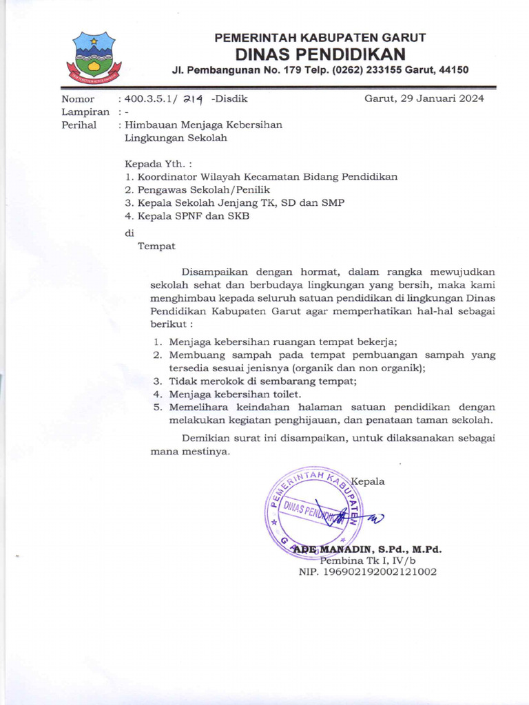 Surat Himbauan Menjaga Kebersihan Lingkungan Sekolah | PDF