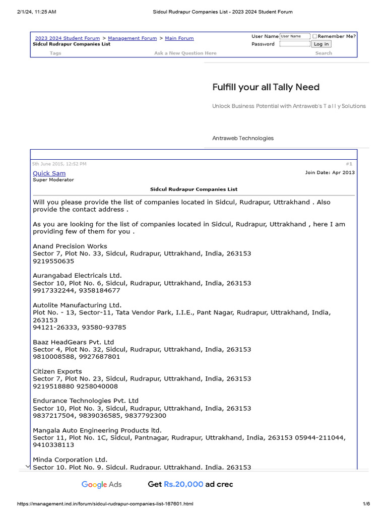 Sidcul Rudrapur Companies List | PDF