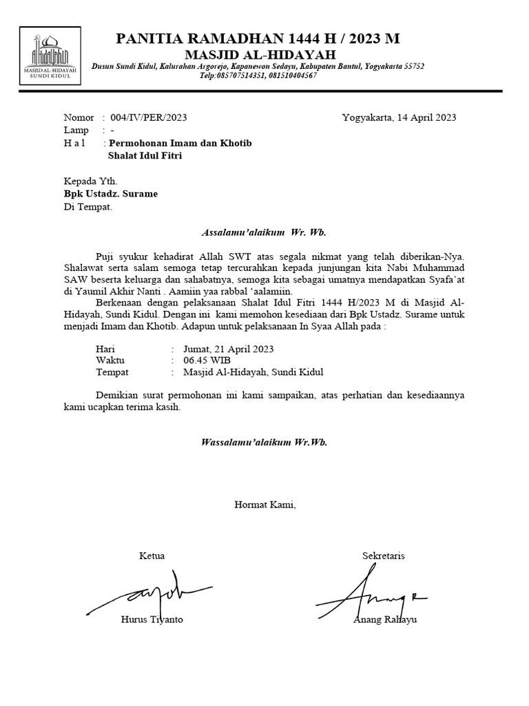 Surat Permohonan Imam Dan Khotib Shalat Idul Fitri 1444 H Pdf