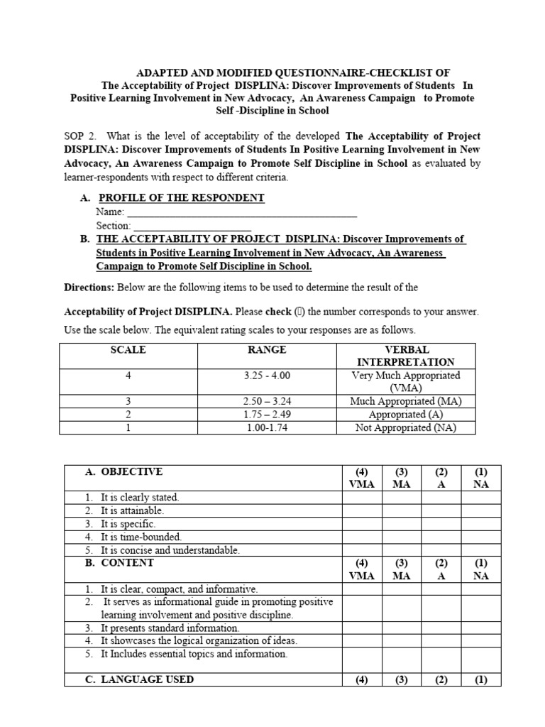 Questionnaire Checklist - Humss A Project Disiplina | PDF