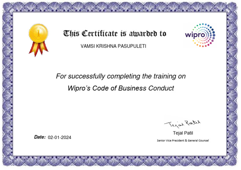 Wipro Code of Conduct Training Completion | PDF