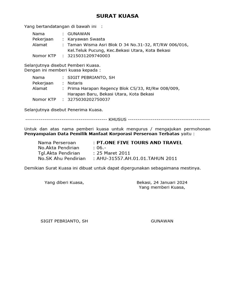 Surat Kuasa Pemilik Manfaat Korporasi | PDF