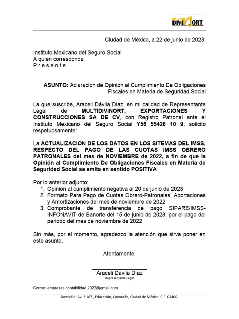Aclaración de Opinión IMSS 2023 | PDF