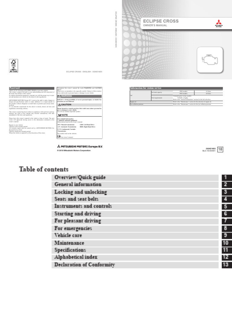 18.5MY Eclipse Cross Owners Manual | PDF | Headlamp | Manual Transmission