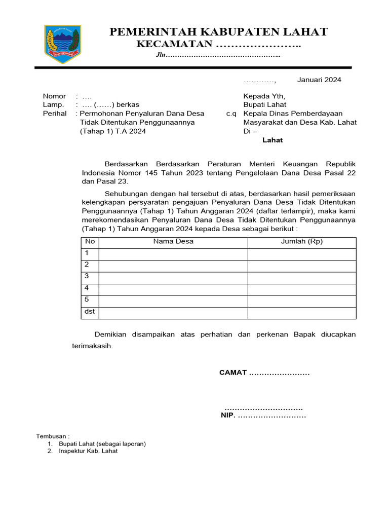 Surat Camat - Permohonan Tahap 1 | PDF