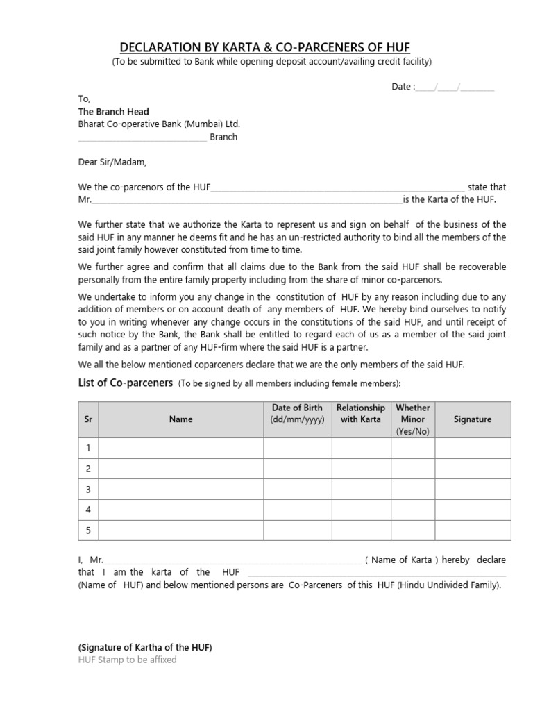 HUF Declaration For Account Opening | PDF | Finance & Money Management