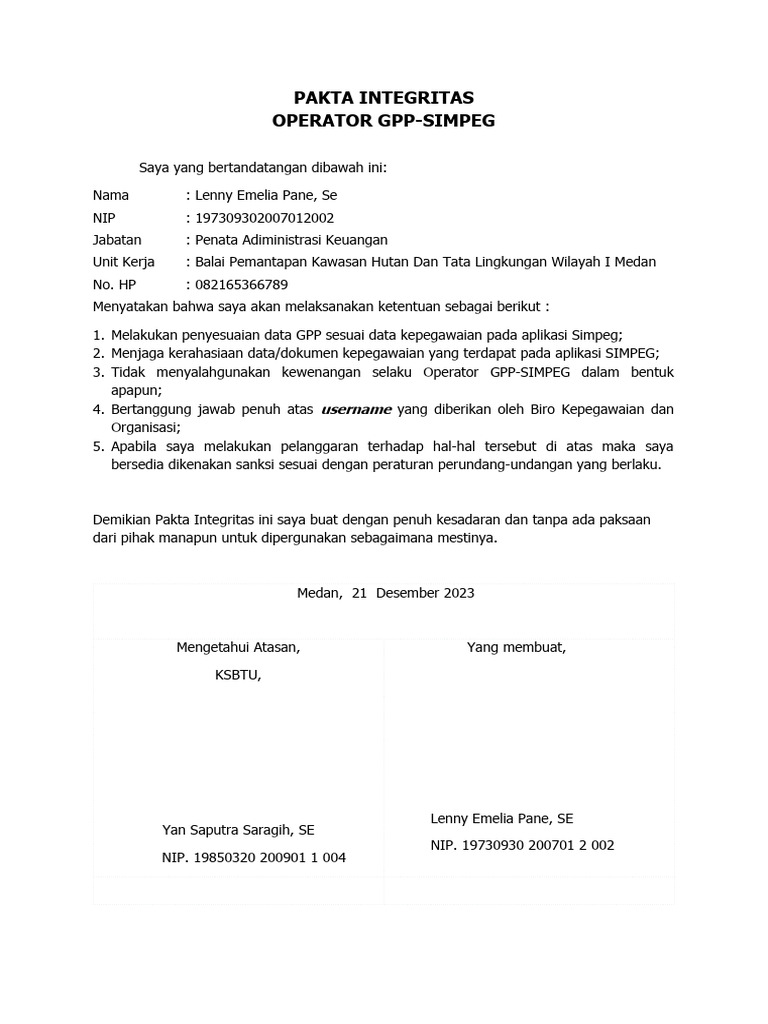 Format Pakta Integritas Operator GPP | PDF