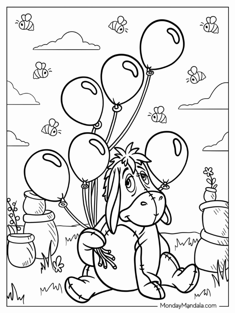 Cute-Eeyore-Holding-Balloons-Coloring-Sheet | PDF