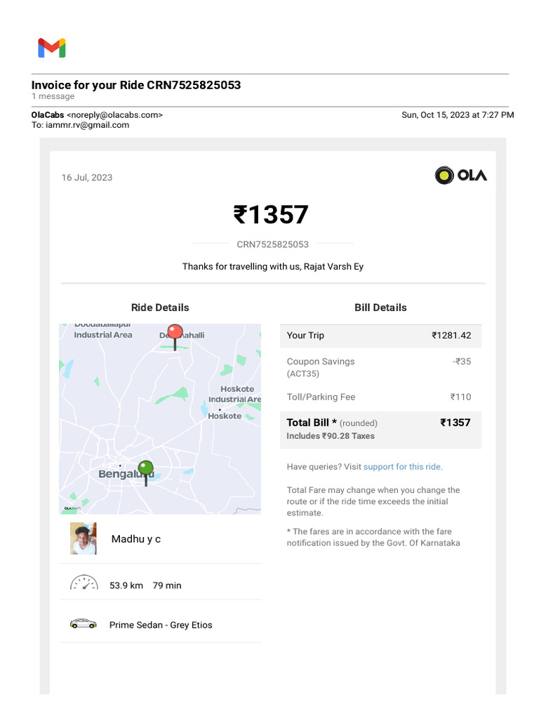 Ola Cab Invoice for Grey Etios Ride | PDF