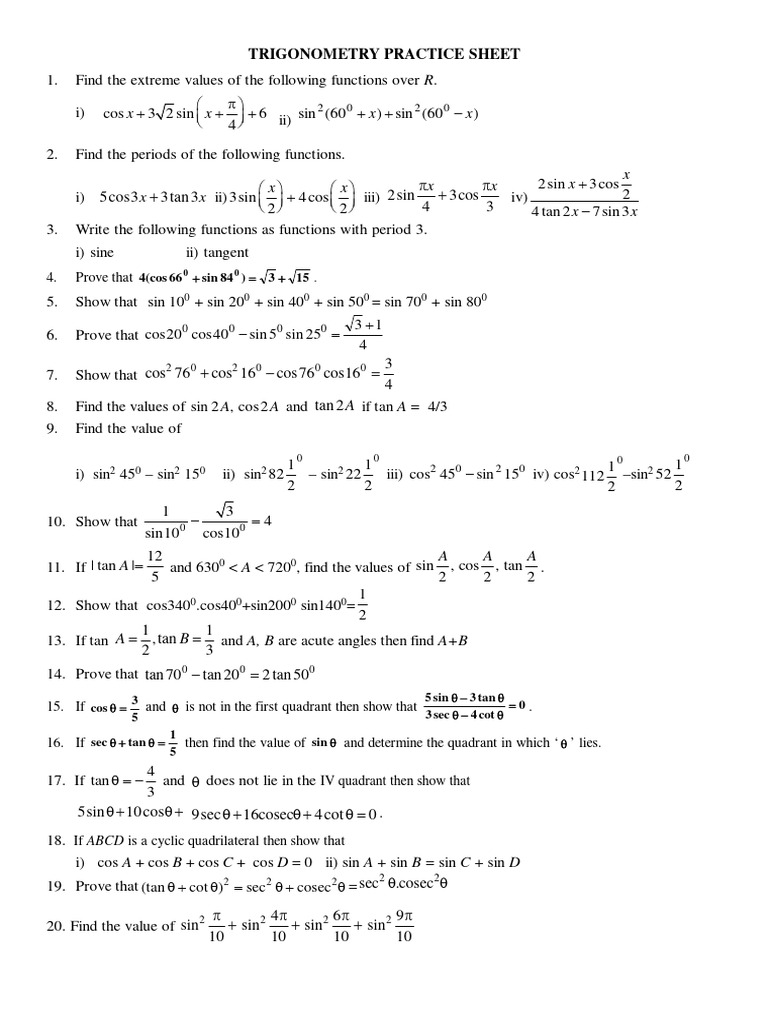 TRIGONOMETRY PRACTICE SHEET 4th Jan | PDF | Trigonometric Functions ...