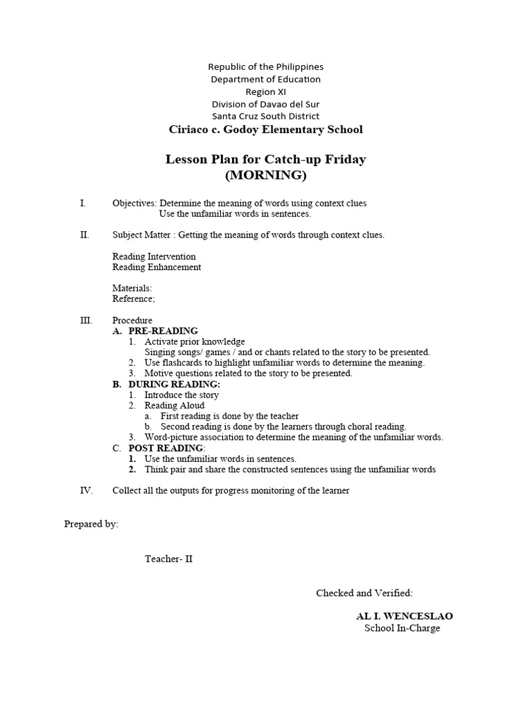 Catch Up Friday Lesson Plan | PDF