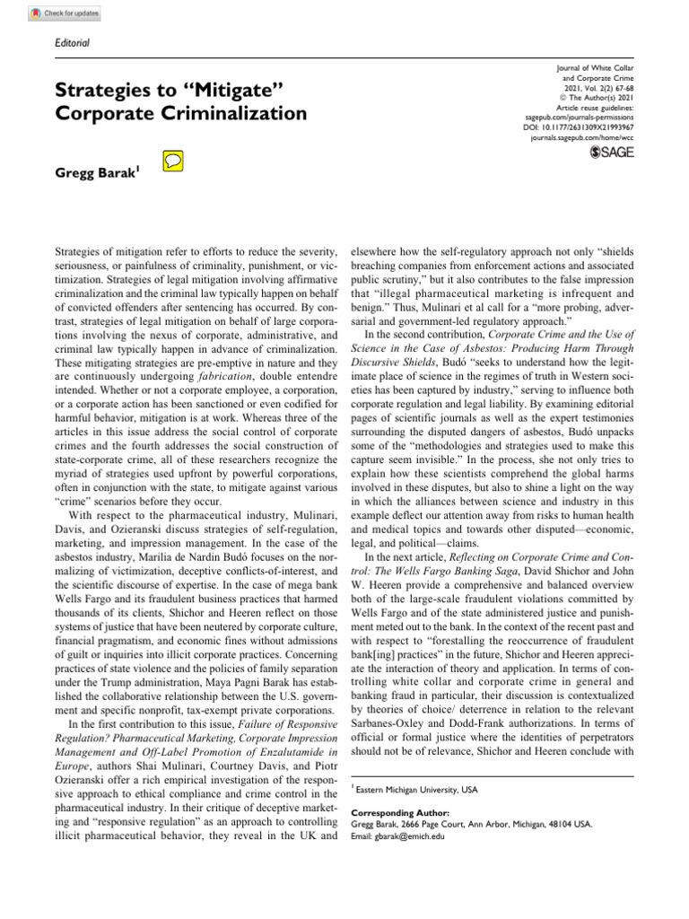 2021 Strategies To Mitigate Corporate Criminalization BARAK | PDF