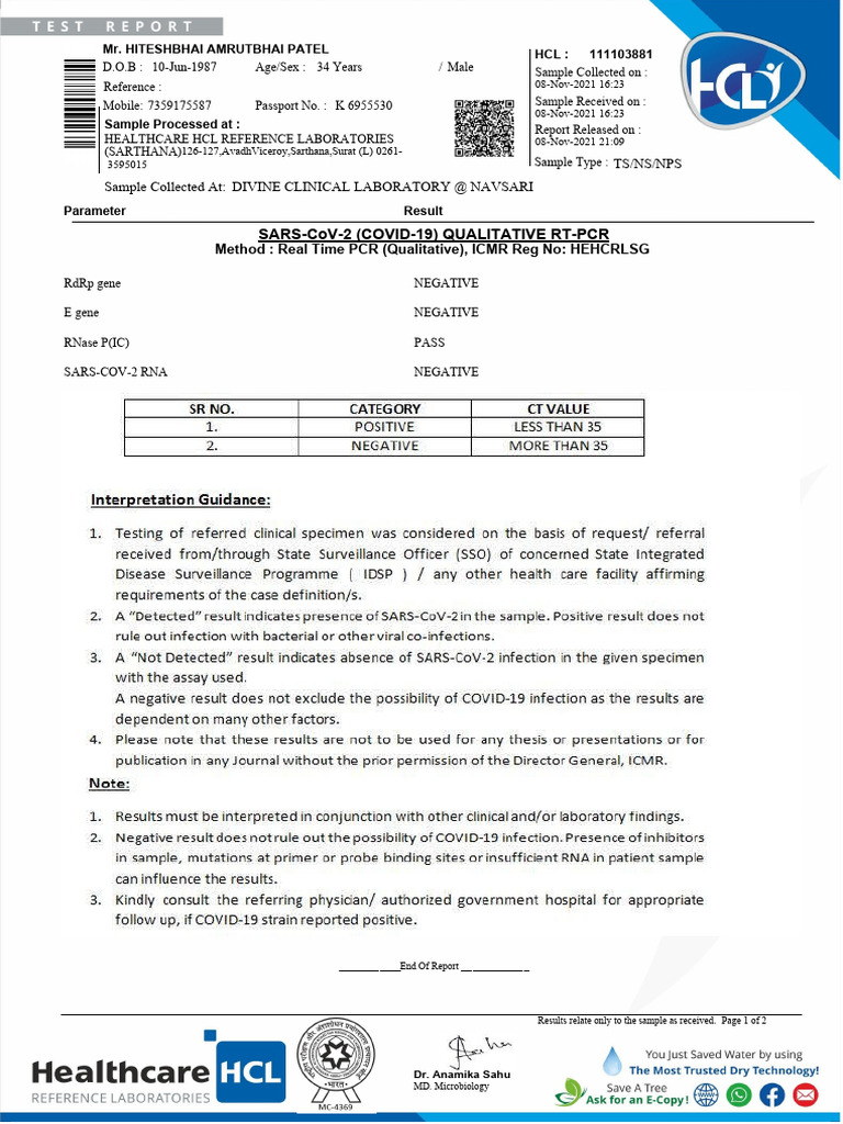 Sars-Cov-2 (Covid-19) Qualitative RT-PCR: Ts/Ns/Nps Sample Collected At ...