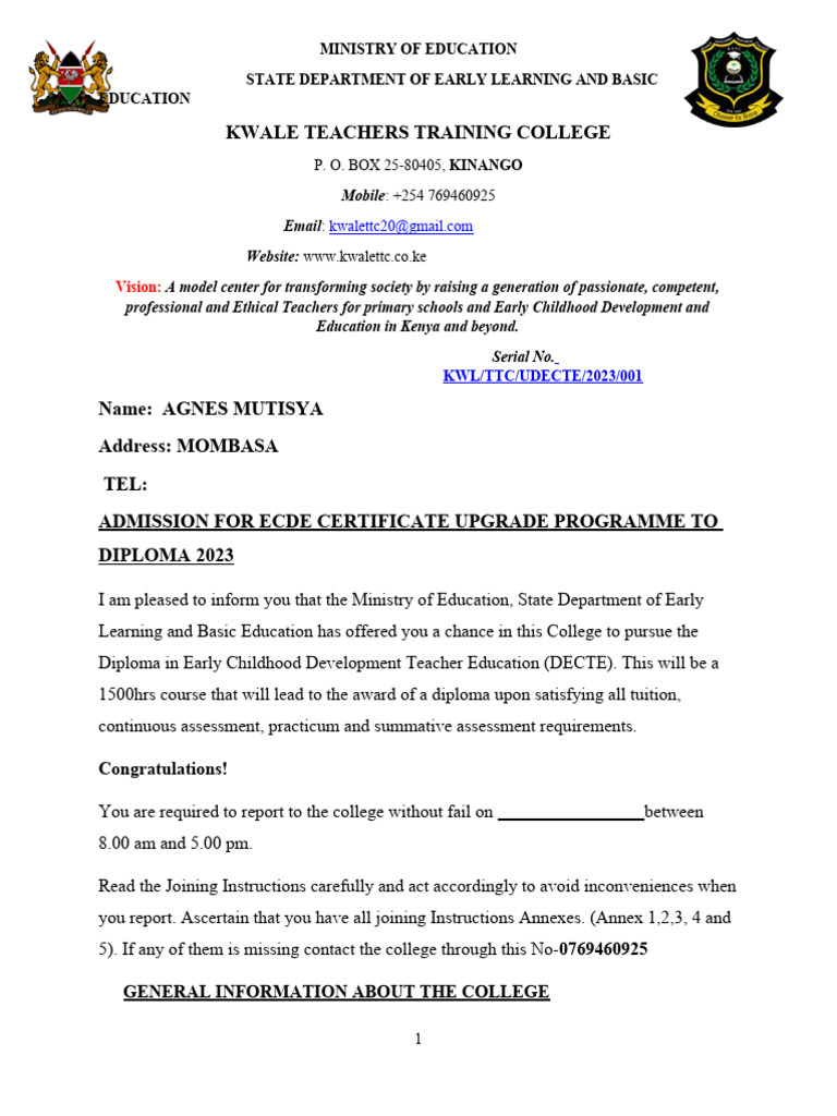 Kwale TTC Admission Letter 2023 | PDF