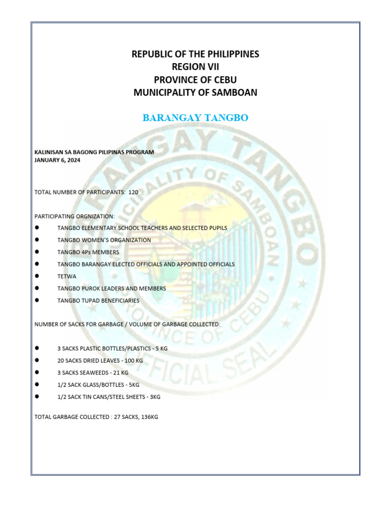 Kalinisan Program Report for Barangay Tangbo | PDF