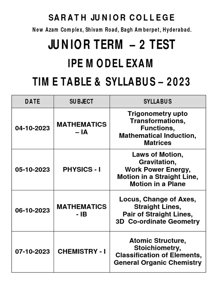 Junior Term - 2 Test: Ipe Model Exam Time Table & Syllabus - 2023 | PDF
