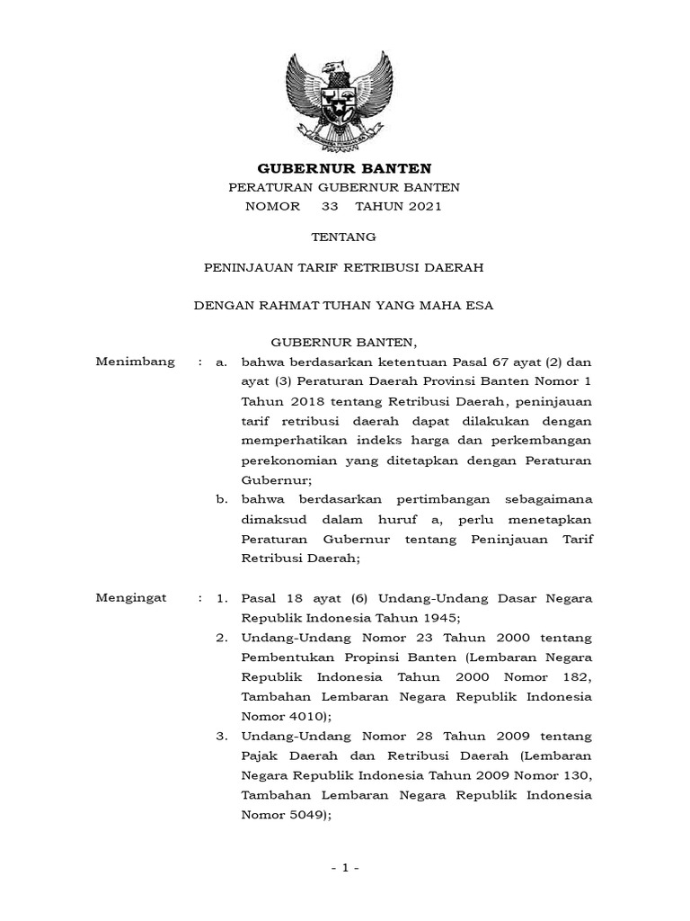 Pergub Nomor 33 Tahun 2021 TTG Peninjauan Tarif Retribusi Daerah | PDF
