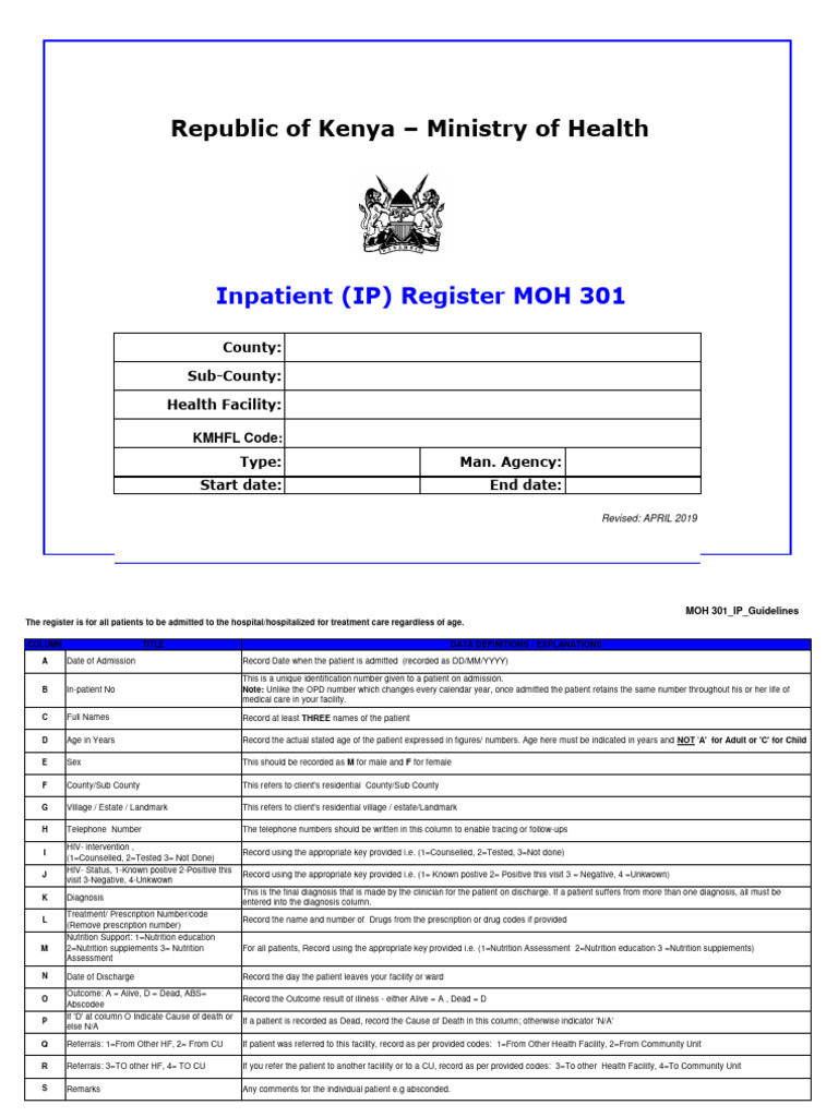 Inpatient Register Guidelines MOH 301 | PDF