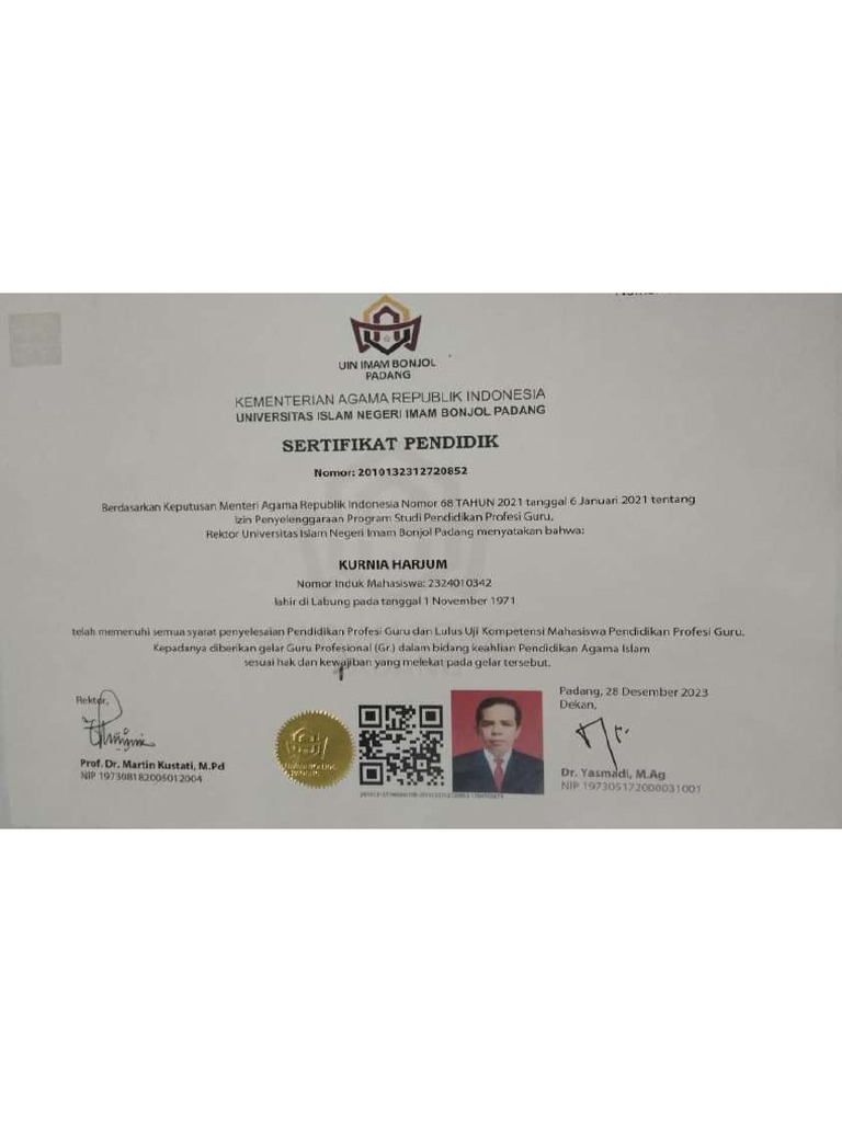 Setifikat Pendidik Kurnia Harjum | PDF