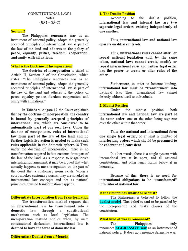 CONSTITUTIONAL LAW 1 Notes | PDF | International Law | Incorporation Of ...