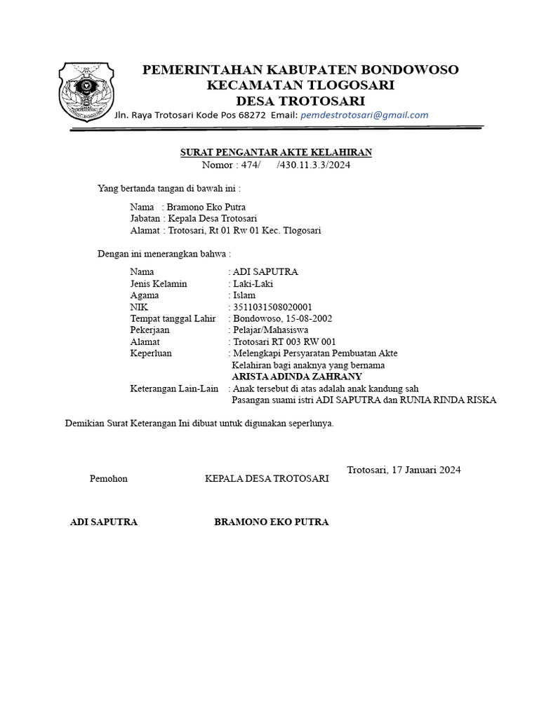 CONTOH Surat Pengantar Akte | PDF