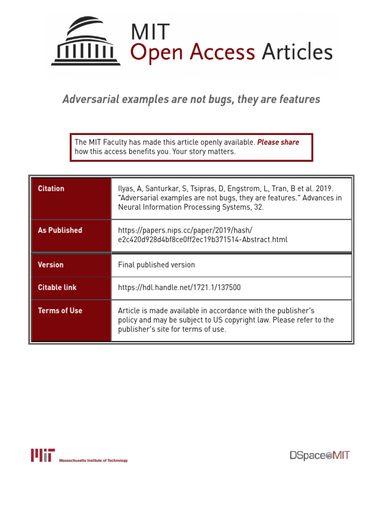 Adversarial Examples Are Not Bugs, They Are Features | PDF