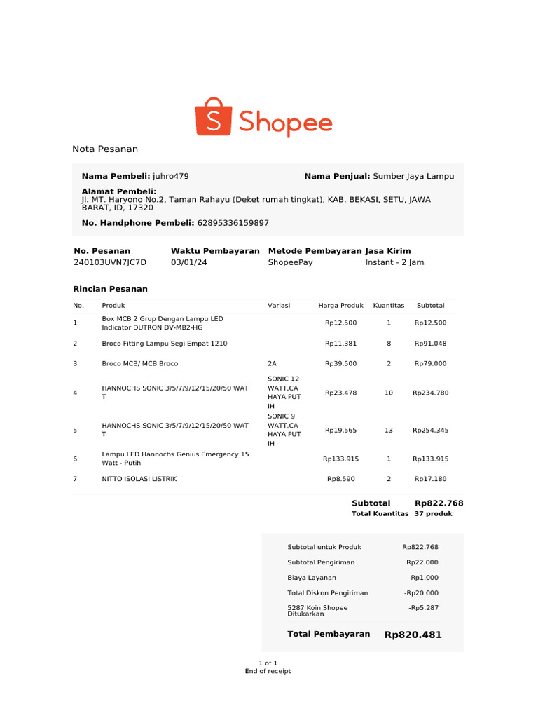 Contoh Invoice Shoope | PDF