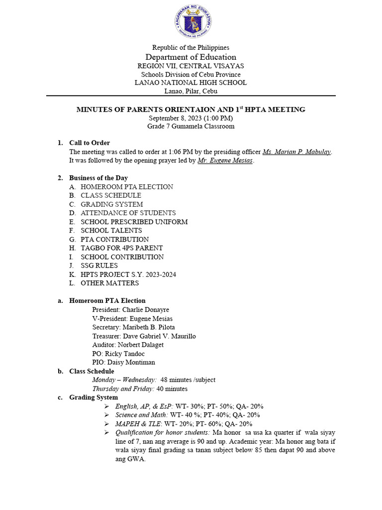 1st HPTA Meeting Minutes | PDF