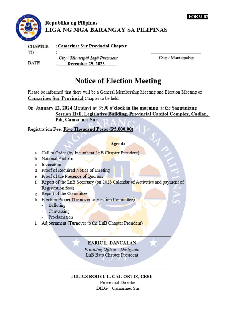 ELECTION FORM - Annex B - Notice of Election Meeting | PDF