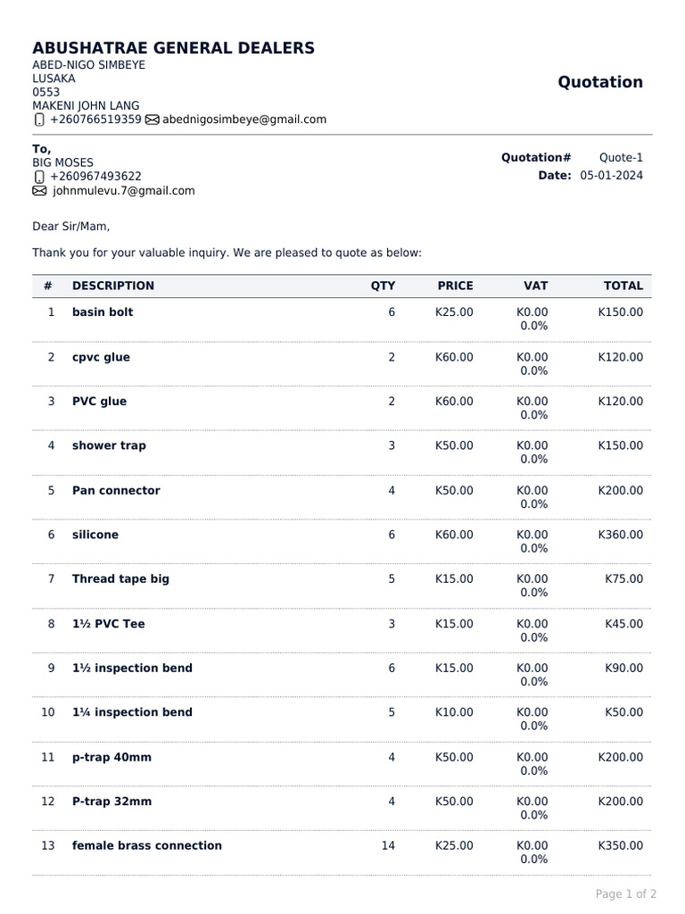 Abushatrae General Dealers Quotation | PDF | Building Materials | Building Engineering