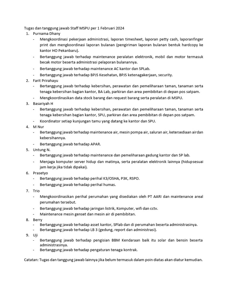 Tugas Dan Tanggung Jawab Staff MSPU | PDF Tugas Dan Tanggung Jawab Staff MSPU | PDF
