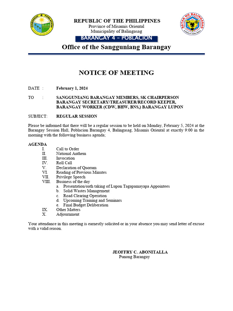 BARANGAY - Notice of Meeting | PDF | Government