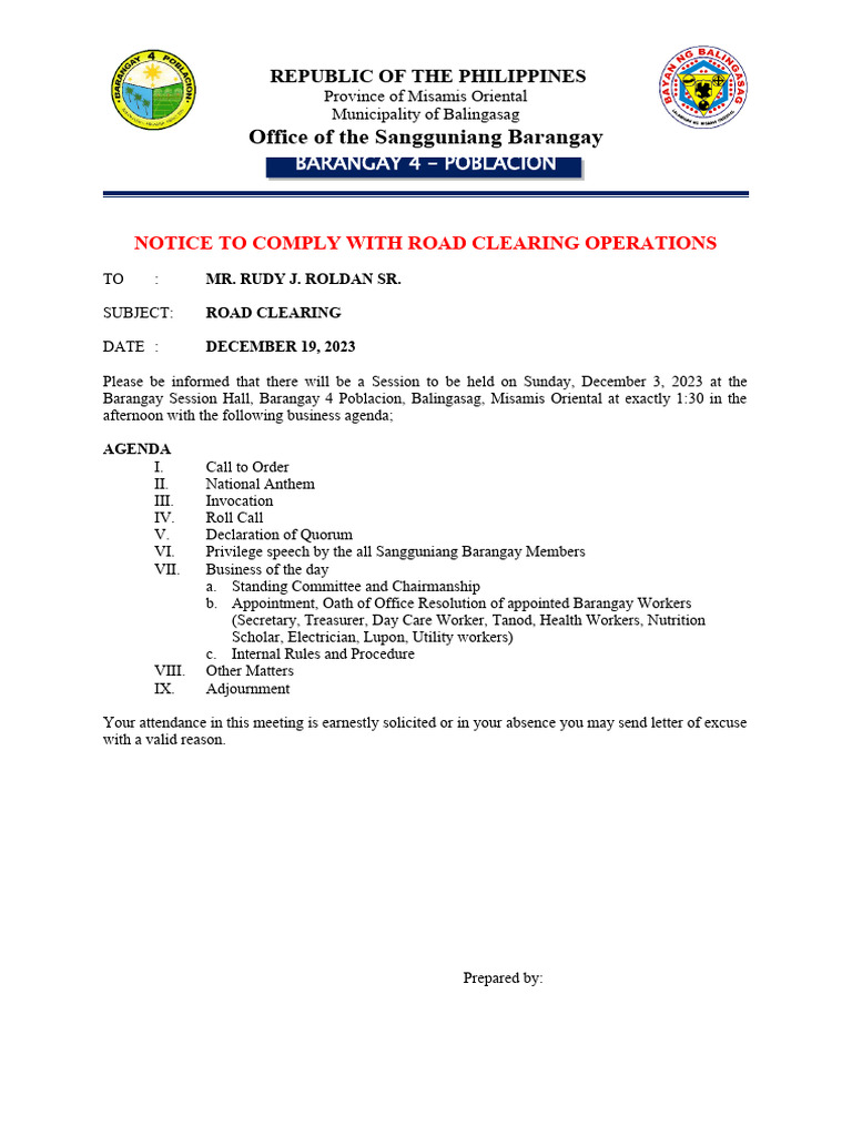 Notice for Road Clearing Session | PDF