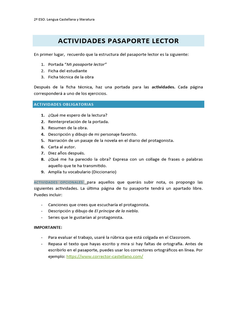 ACTIVIDADES PASAPORTE LECTOR | PDF