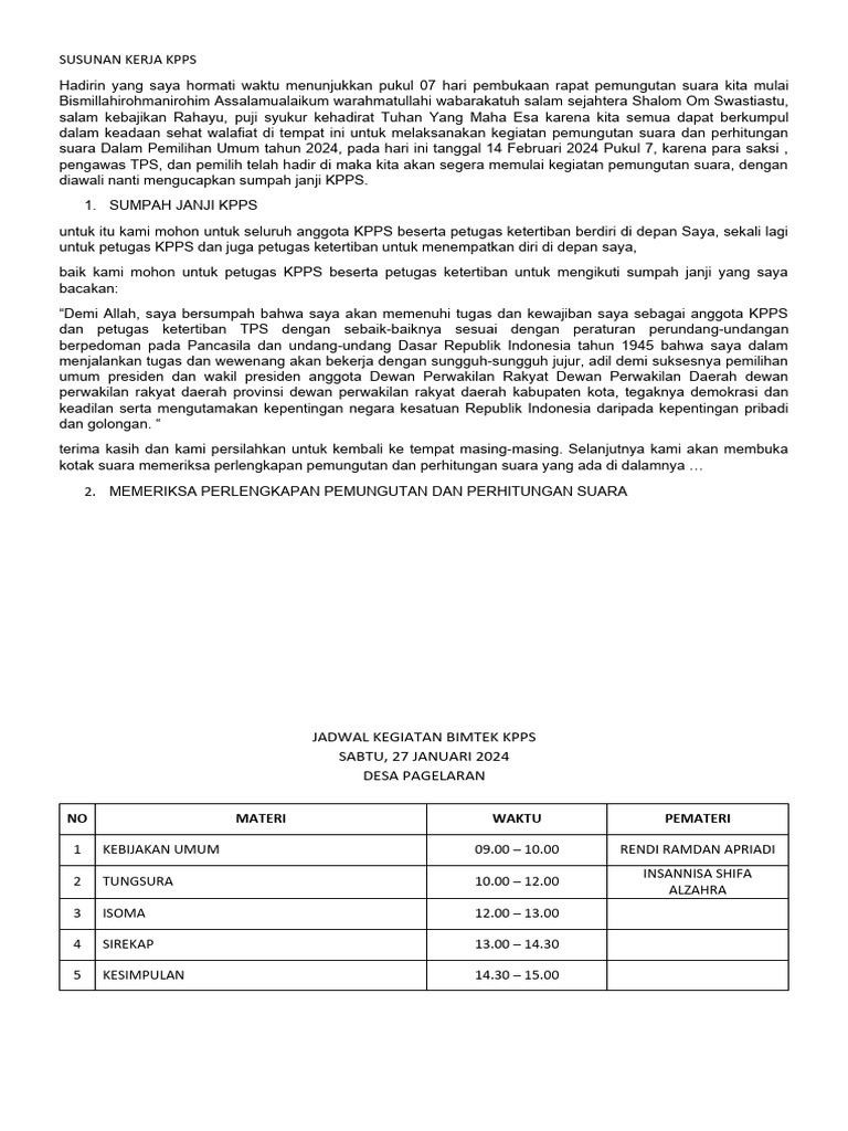 Susunan Kerja KPPS 2024 | PDF