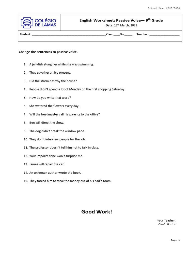 9th Grade Passive Voice Worksheet | PDF